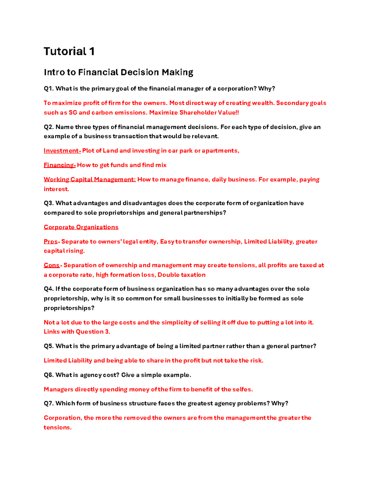 BSNS114 Tutorial One - Tutorial 1 Intro to Financial Decision Making Q1 ...