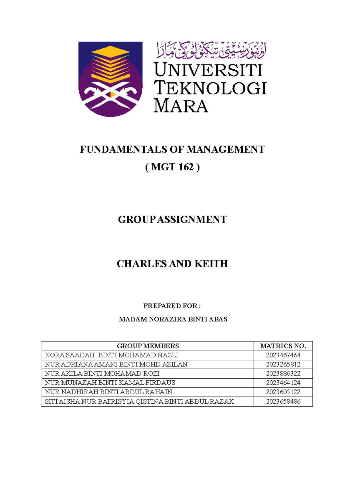 Assignment Group (MGT 162) - FUNDAMENTALS OF MANAGEMENT ( MGT 162 ) GROUP ASSIGNMENT CHARLES AND ...