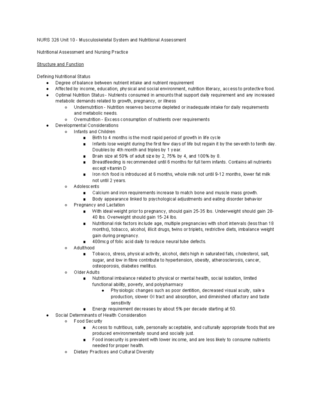 NURS 326 Unit 10 - Musculoskeletal System and Nutritional Assessment ...