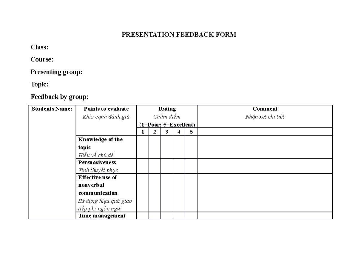 Presentation Feedback Form - PRESENTATION FEEDBACK FORM Class: Course ...