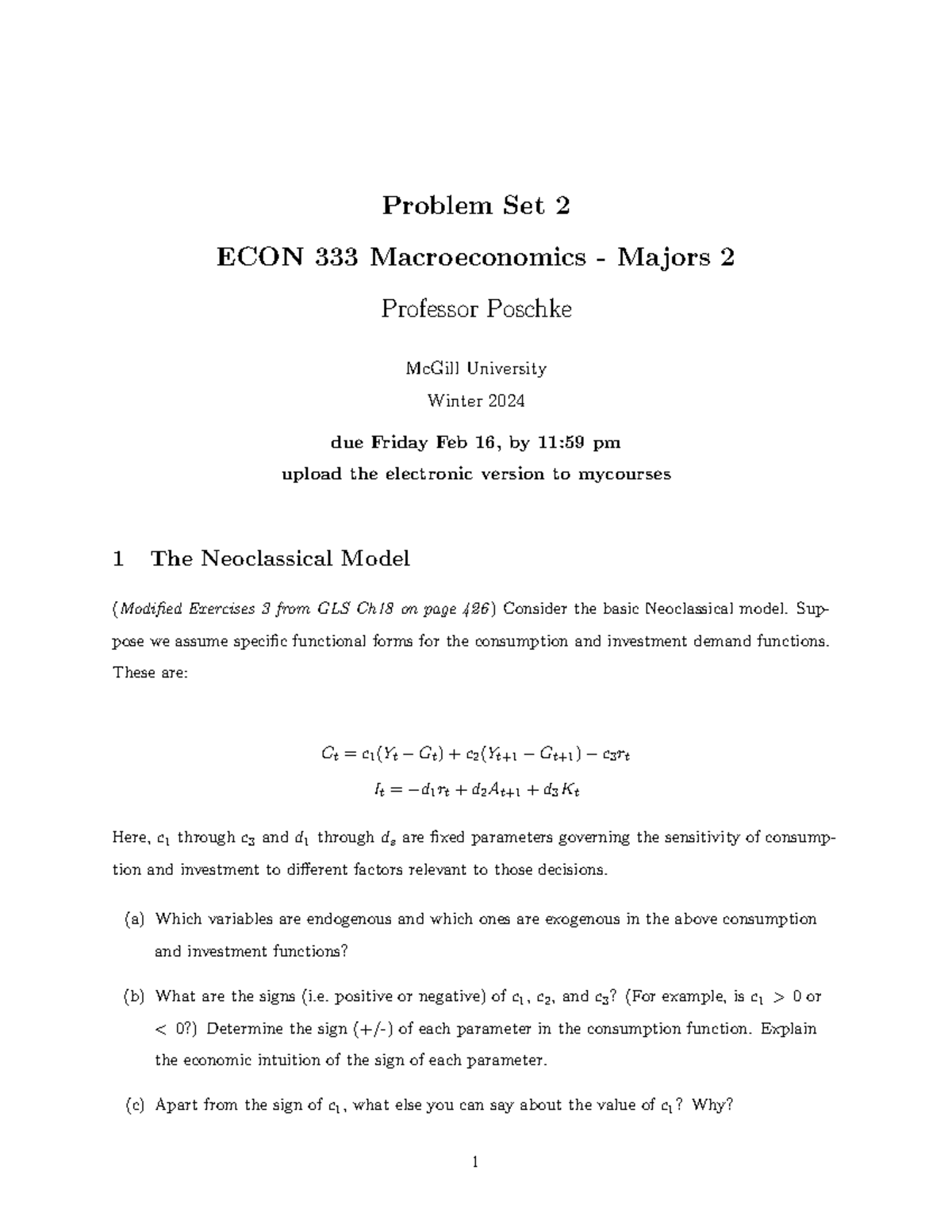 ECON 333 Macro PS 2 - problem set 2 - Problem Set 2 ECON 333 Macroeconomics - Majors 2 Professor ...