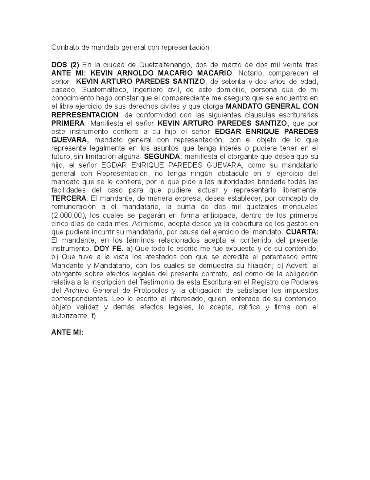 Contrato DE Mandato - Contrato de mandato general con representación ...