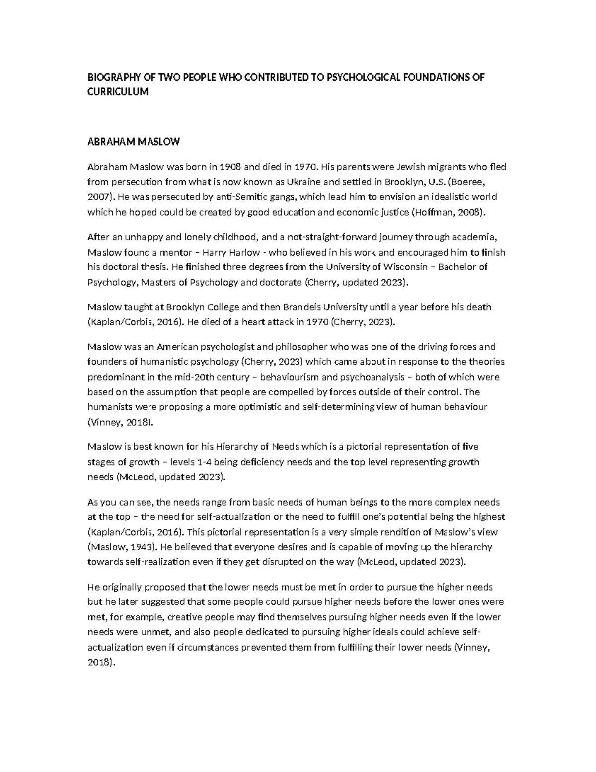 Abraham Maslow biography - BIOGRAPHY OF TWO PEOPLE WHO CONTRIBUTED TO ...