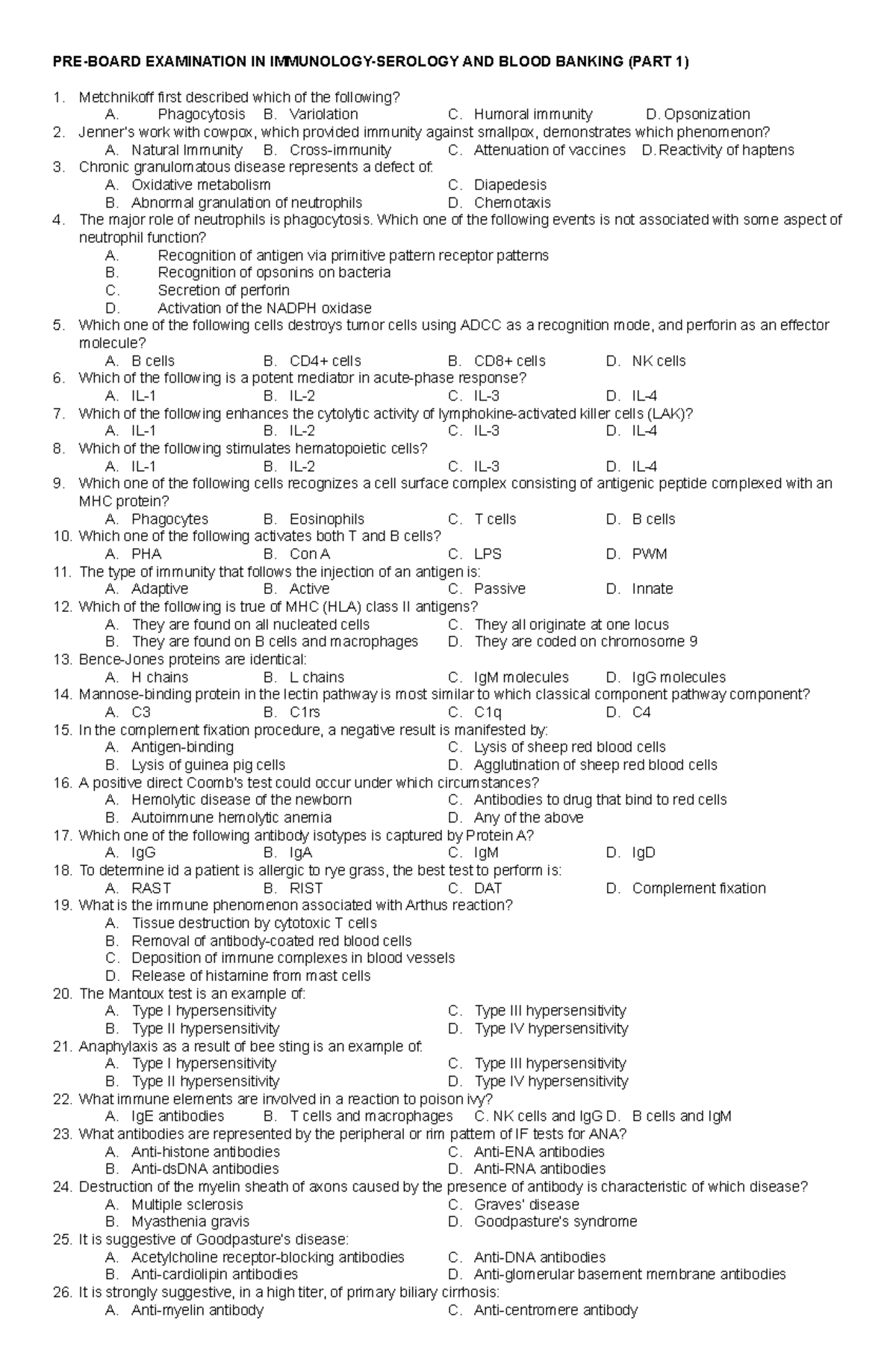 Part1ISBB - isbb preboards - PRE-BOARD EXAMINATION IN IMMUNOLOGY ...