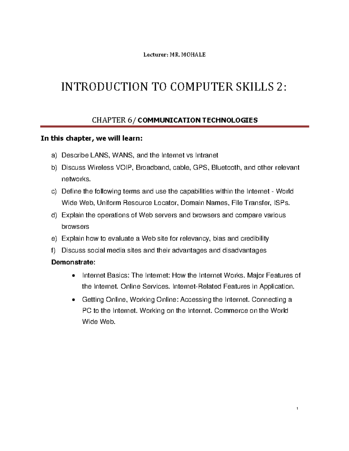 Chapter 6 Communication Technologies - Lecturer: MR. MOHALE ...