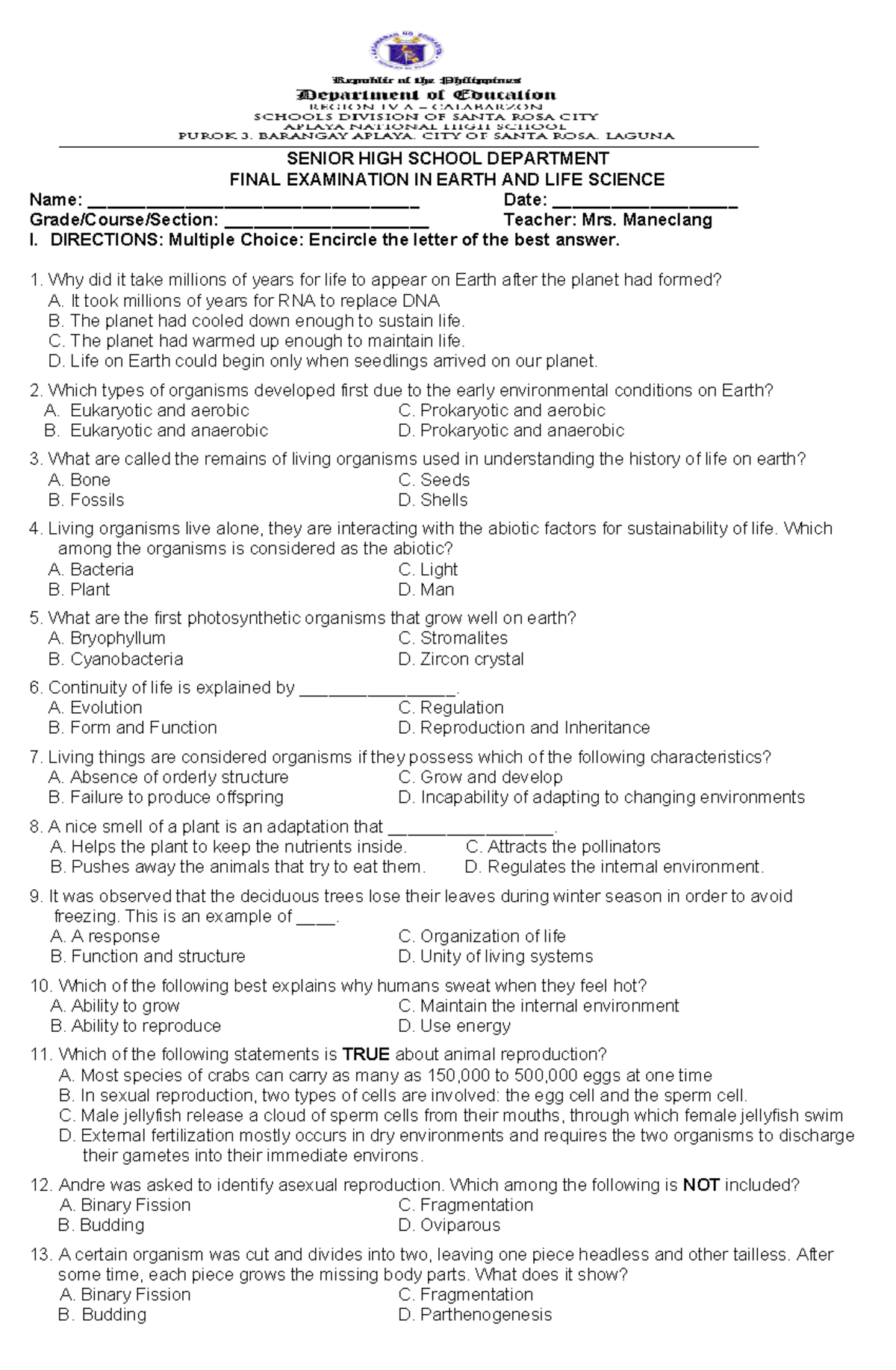 Final EXAM Earth and life science - SENIOR HIGH SCHOOL DEPARTMENT FINAL ...