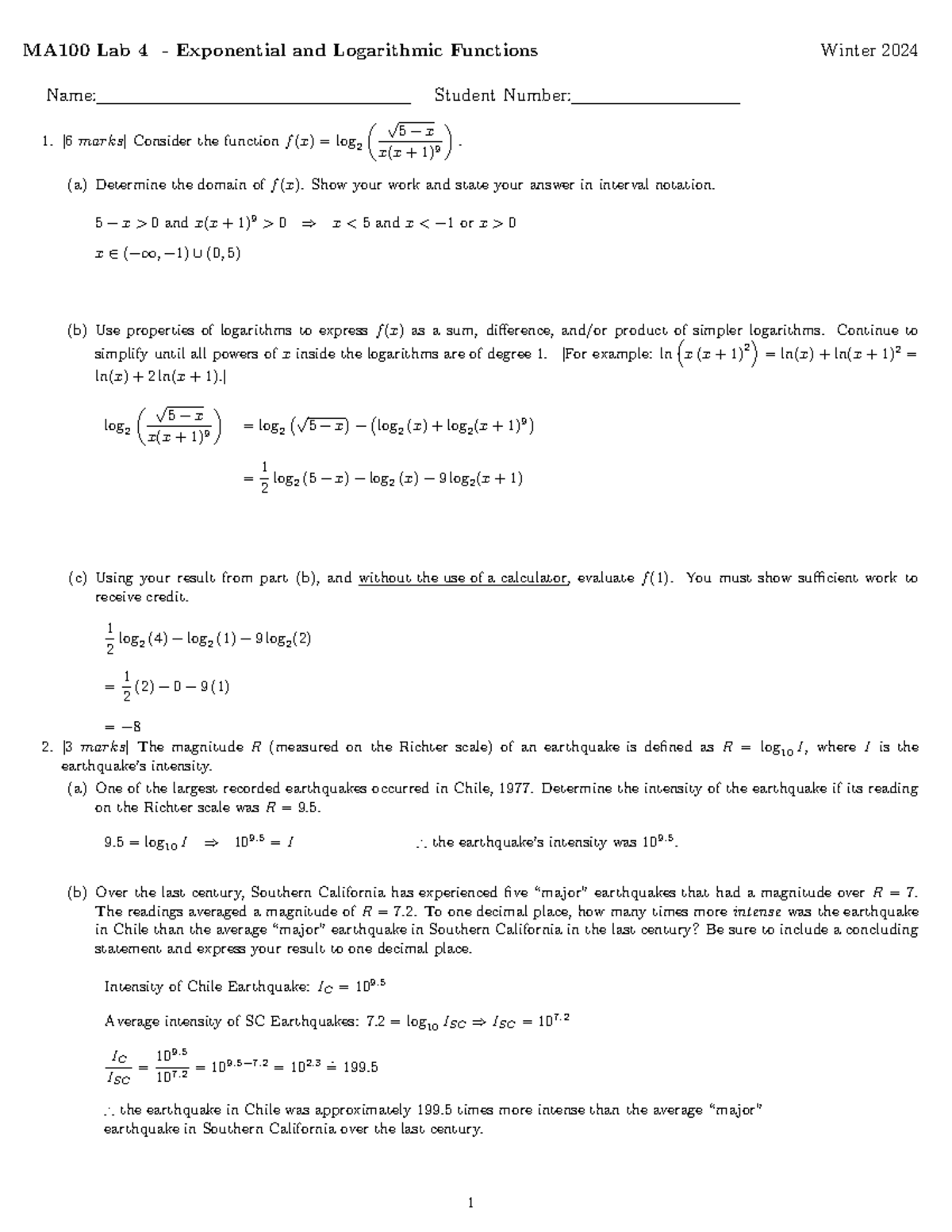 WLU Ma100Lab4Soln - ma100 lab solutions - MA100 Lab 4 - Exponential and Logarithmic Functions ...