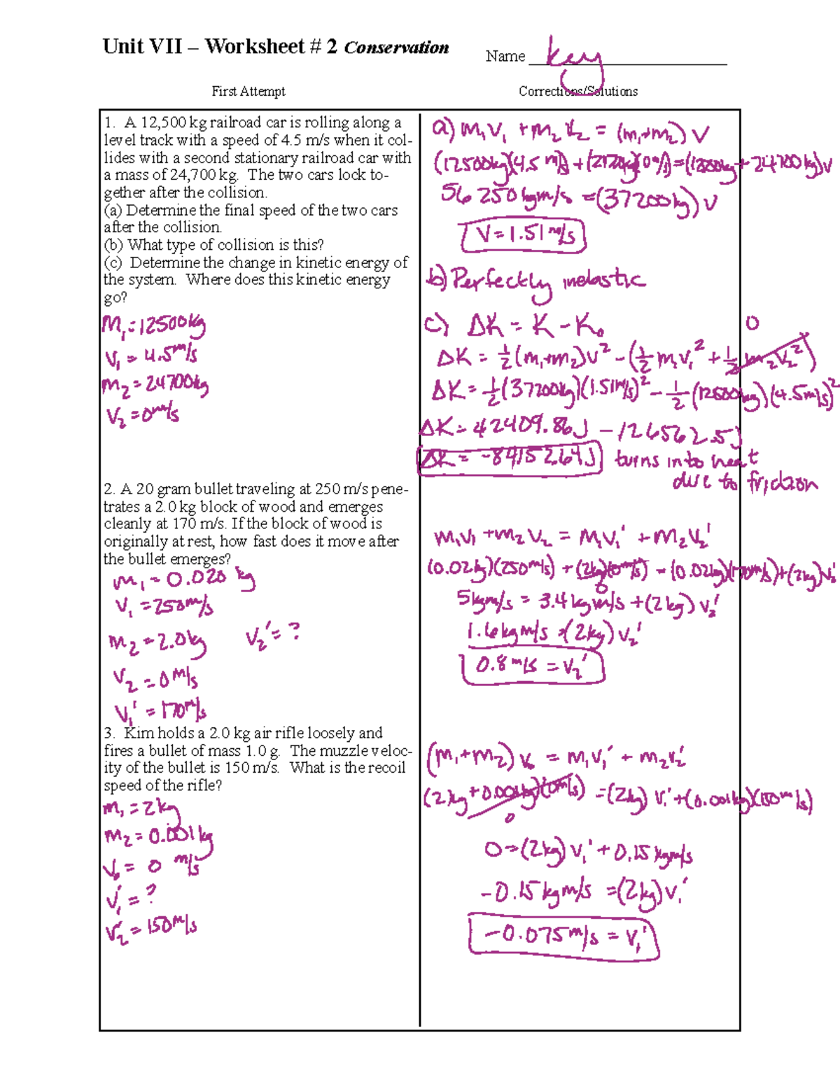 07+Conservation+Momentum+WS+2+KEY - A 12,500 kg railroad car is rolling ...