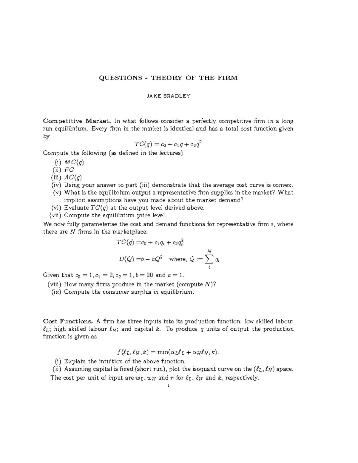 Theory of the firm questions - QUESTIONS - THEORY OF THE FIRM JAKE ...