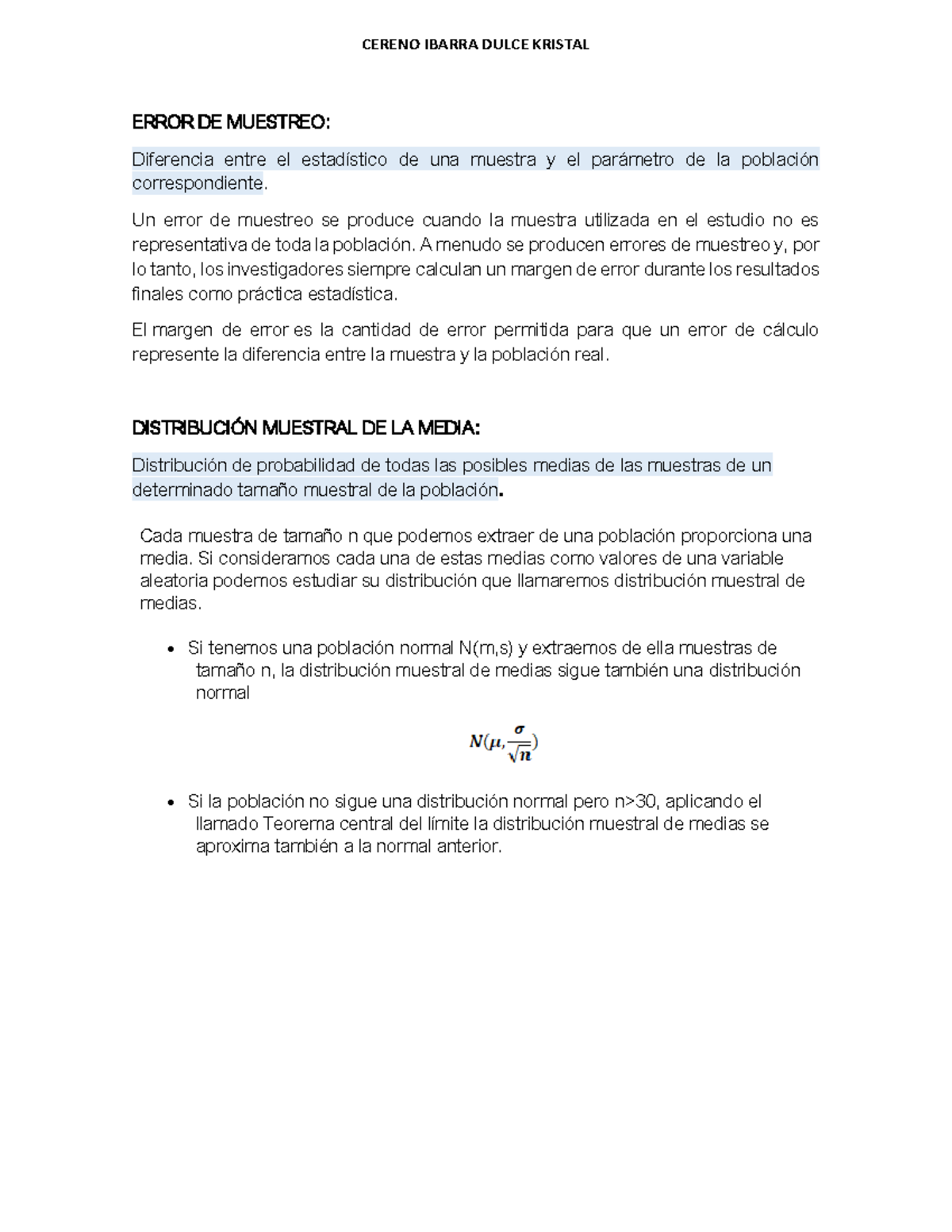 Error muestral - CERENO IBARRA DULCE KRISTAL ERROR DE MUESTREO ...