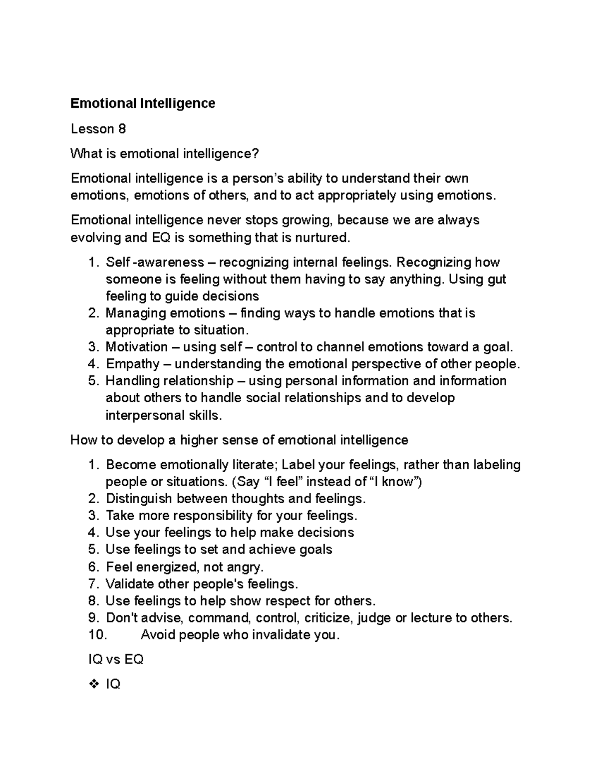 Lesson 8 - notes - Emotional Intelligence Lesson 8 What is emotional ...