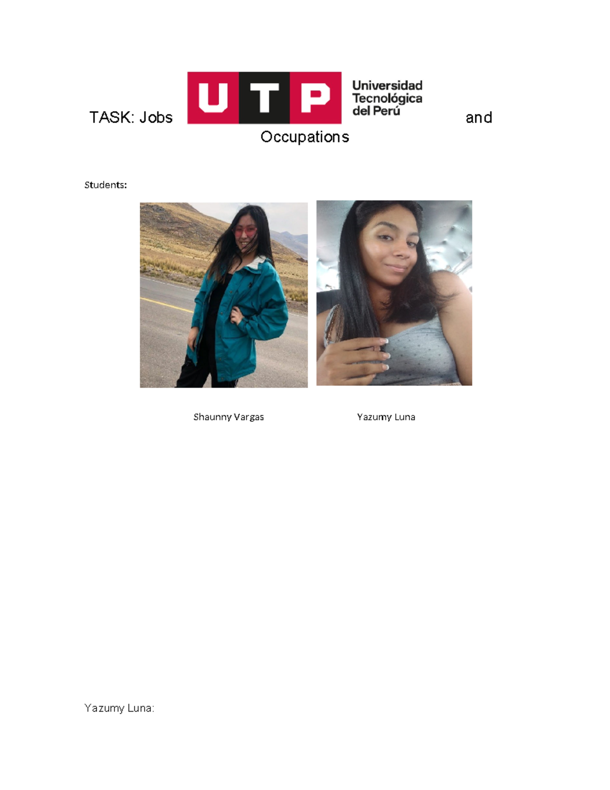 TASK sem04 - Tarea sem 04 - Ingles - TASK: Jobs and Occupations Students: Shaunny Vargas Yazumy ...