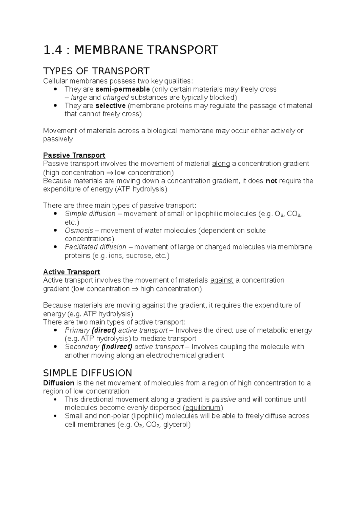 CELL Biology Notes BIO membrane transport - 1 : MEMBRANE TRANSPORT ...