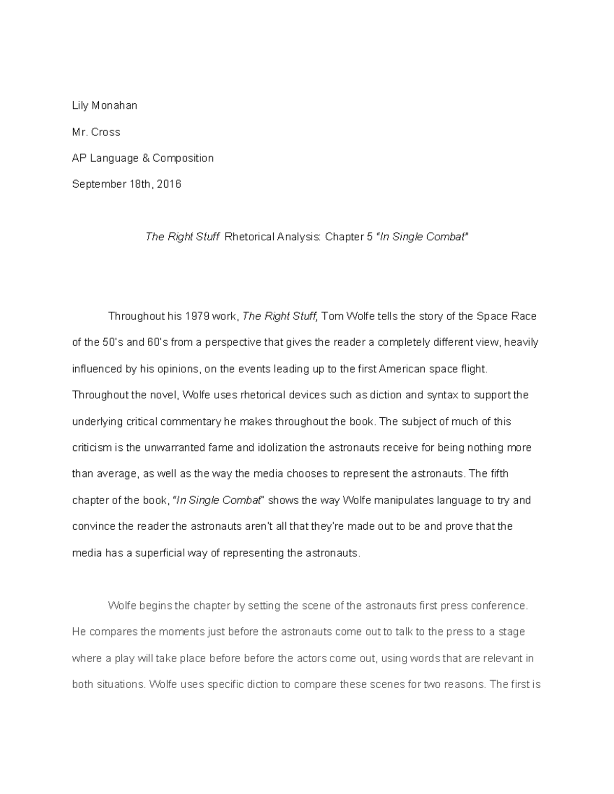 Rhetorical analysis the right stuff - Lily Monahan Mr. Cross AP ...