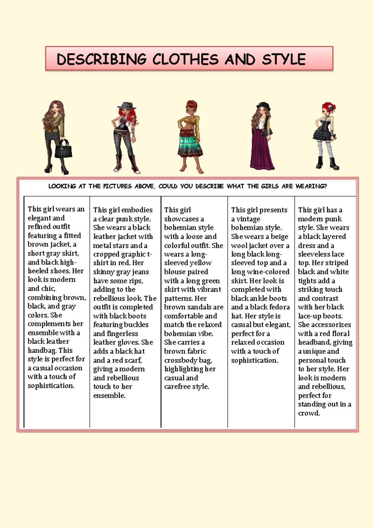 Fashion AND Style Worksheet - DESCRIBING CLOTHES AND STYLE LOOKING AT ...