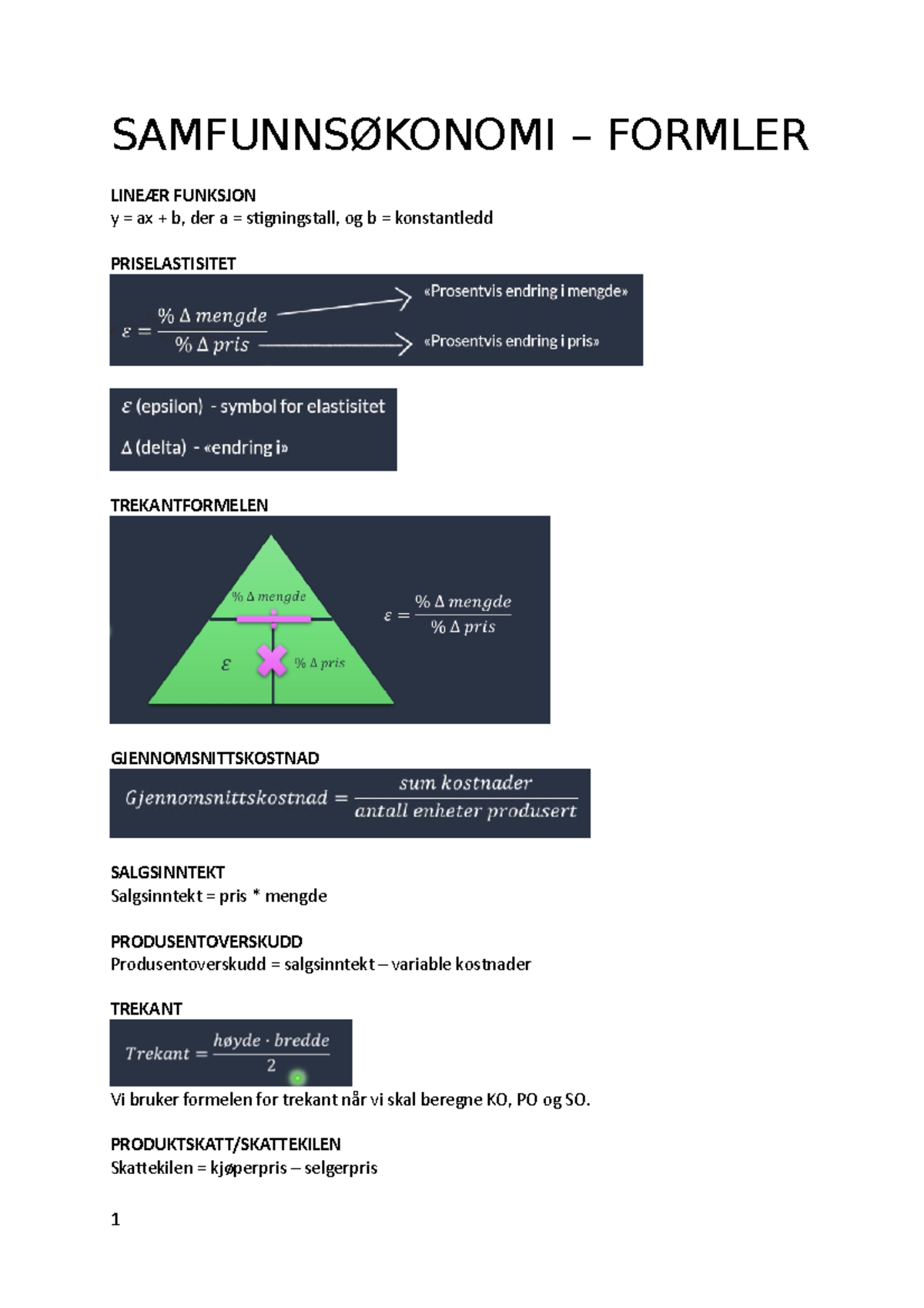 Formelark - SAMFUNNSØKONOMI – FORMLER LINEÆR FUNKSJON y = ax + b, der a ...