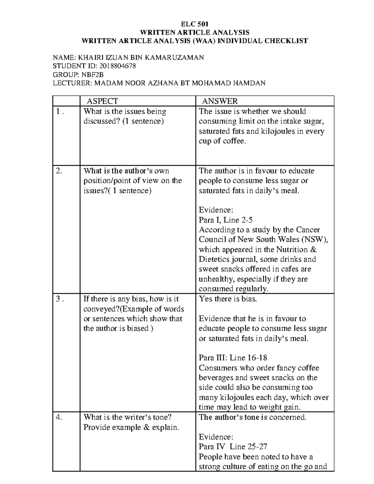ELC501 - Khairi Izuan BIN Kamaruzaman ( Individual Checklist) - ELC 501 ...