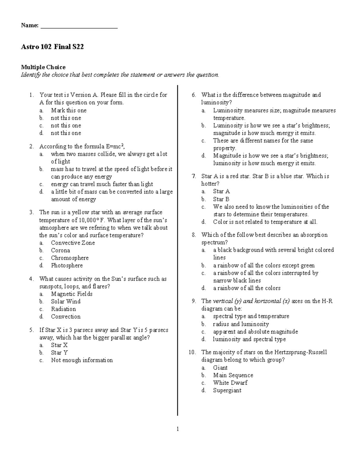 Astro Final 2021-2022 - Actual Test given by Professor; great practice ...