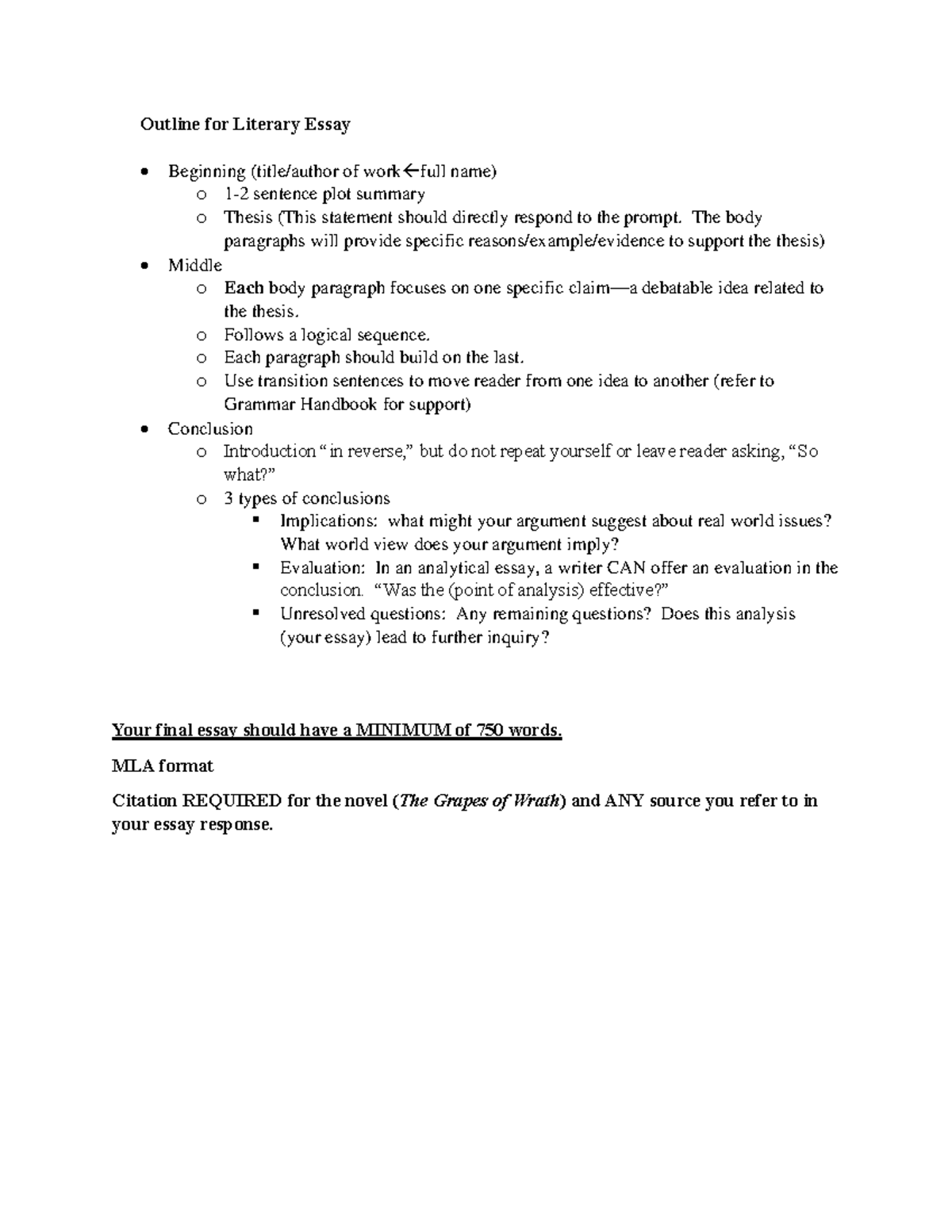 Outline for Literary Essay - Outline for Literary Essay Beginning ...