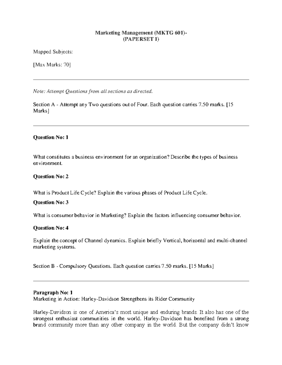 Marketing Management- Model Question Paper - Marketing Management (MKTG ...