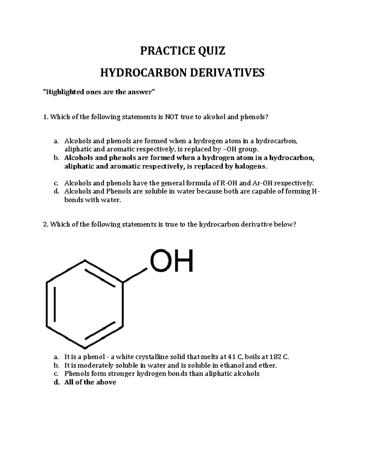 Practice Quiz on Hydrocarbon Derivatives - Chemistry - WMSU - Studocu