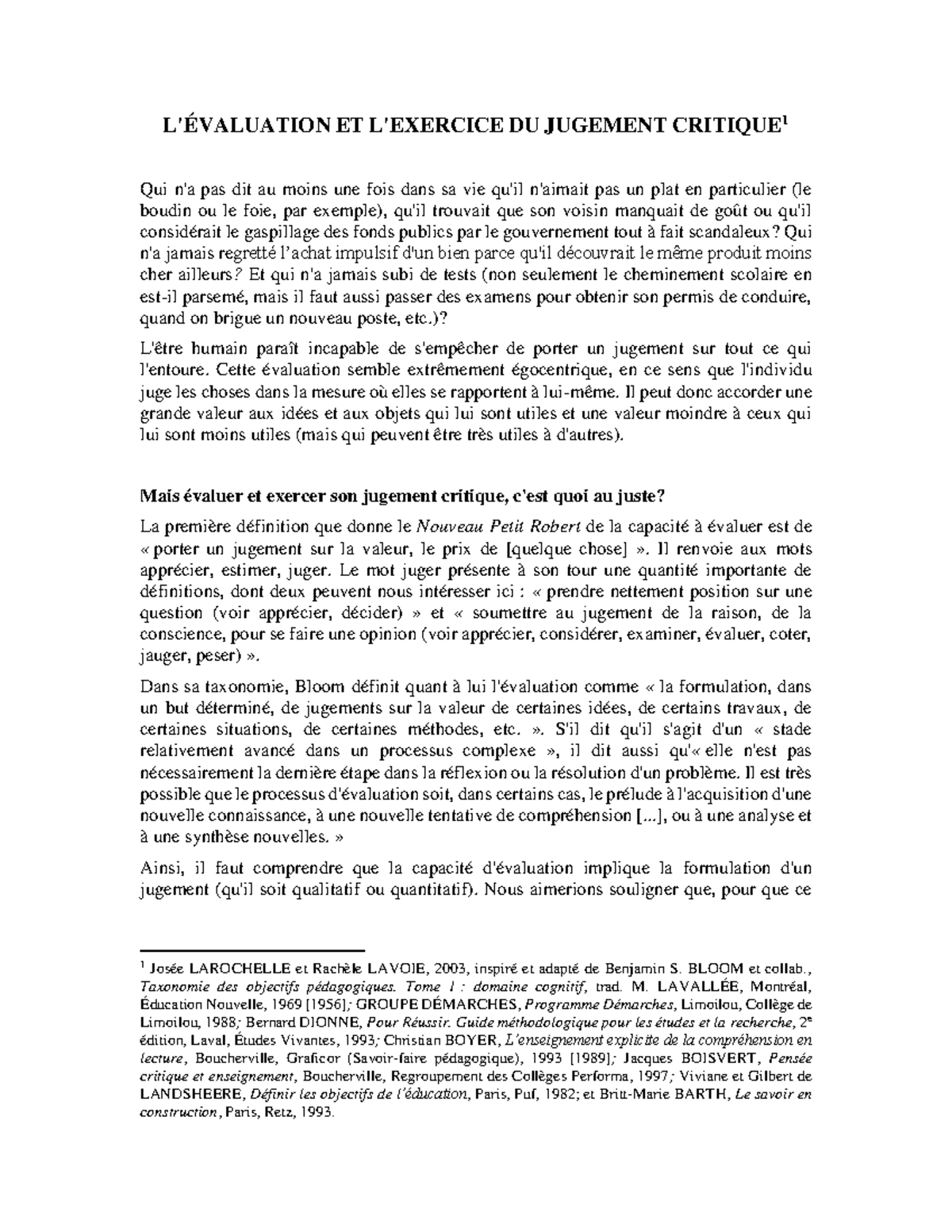 L'É Valuation ET L' Exercice DU Jugement Critique - L'ÉVALUATION ET L ...