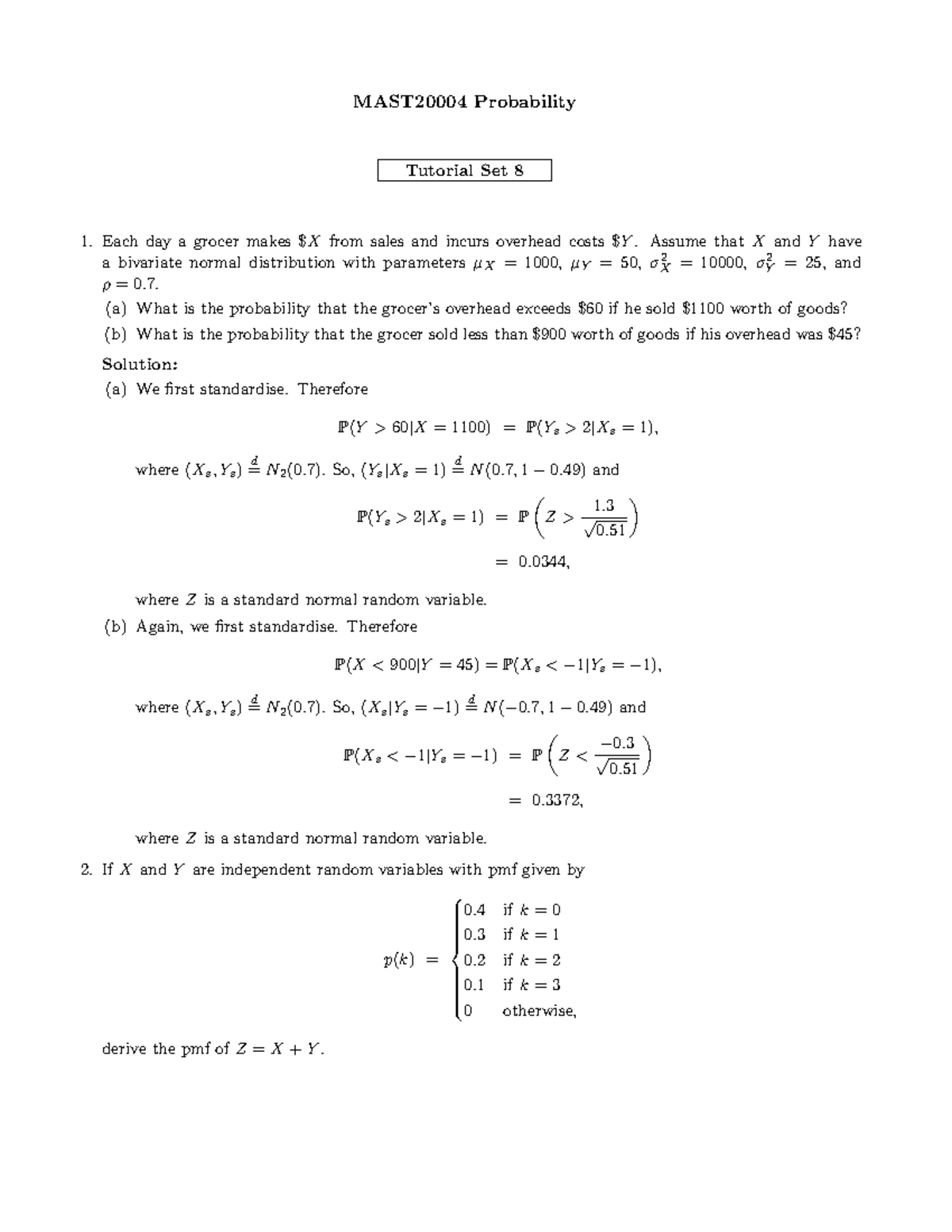 Tutorial 8 Solutions 2020 S2 - MAST20004 Probability Tutorial Set 8 1 ...