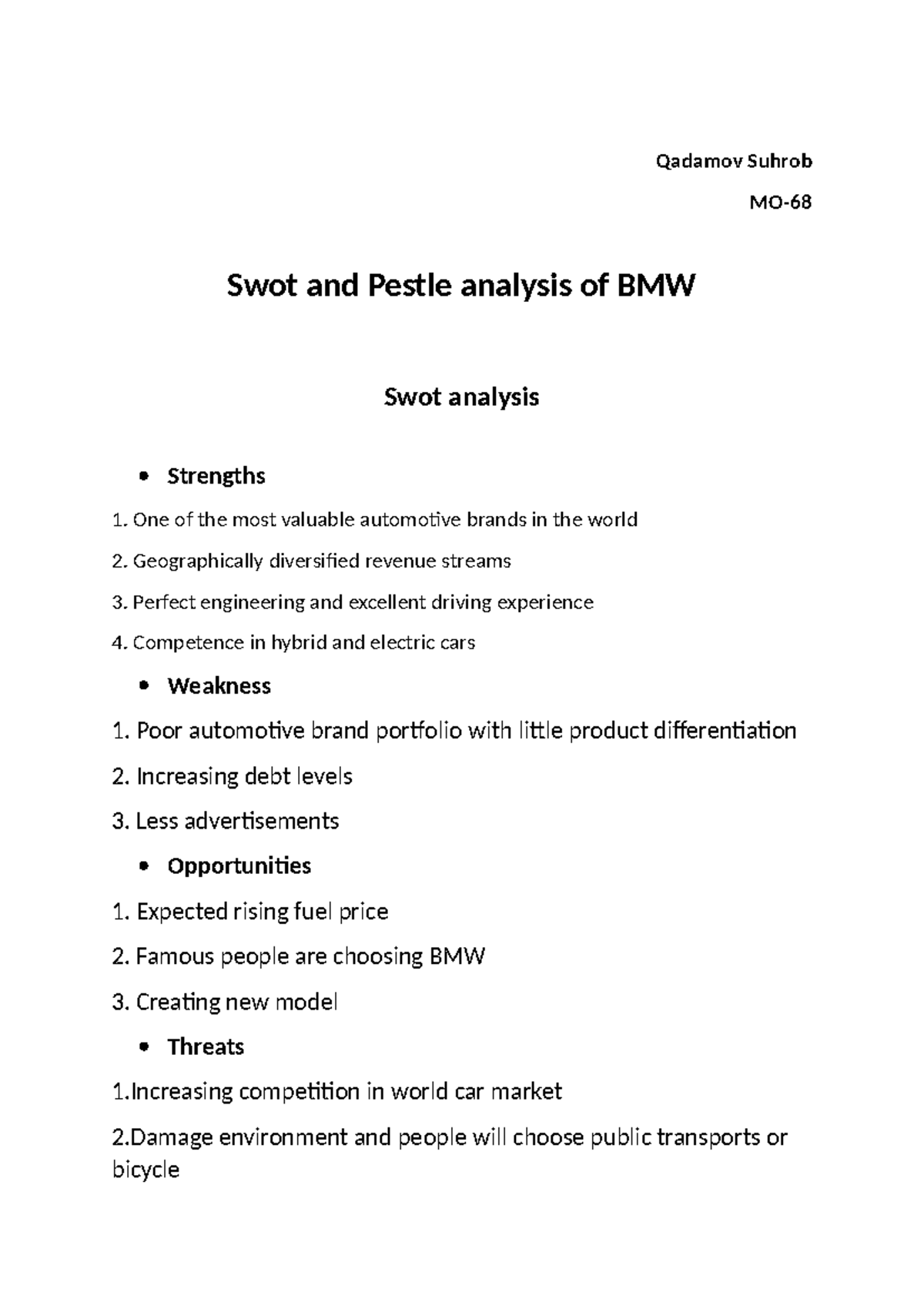 Analysis of BMW - Excel work - Qadamov Suhrob MO- Swot and Pestle ...