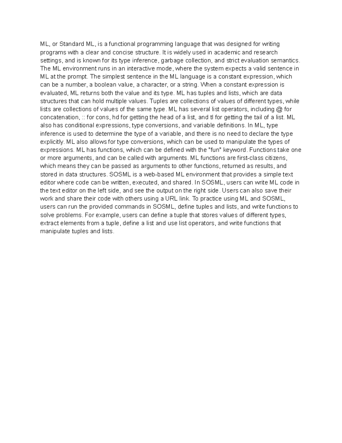 Csc 301 week 4 - Notes I took for that week - ML, or Standard ML, is a ...