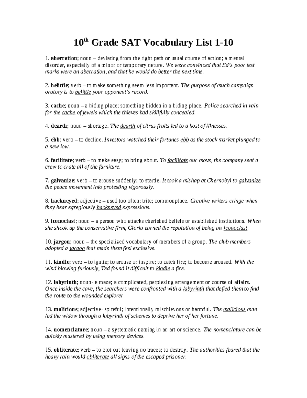 Vocabulary-list - sat vocabulary list - 10 th Grade SAT Vocabulary List ...