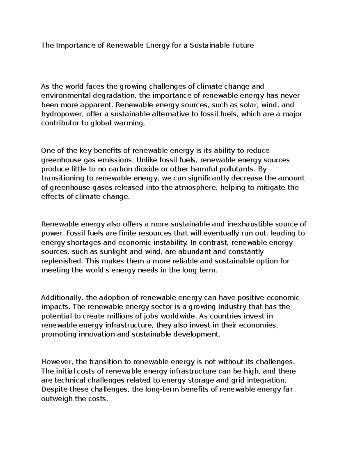 Sustainability - Essay - The Importance of Renewable Energy for a ...