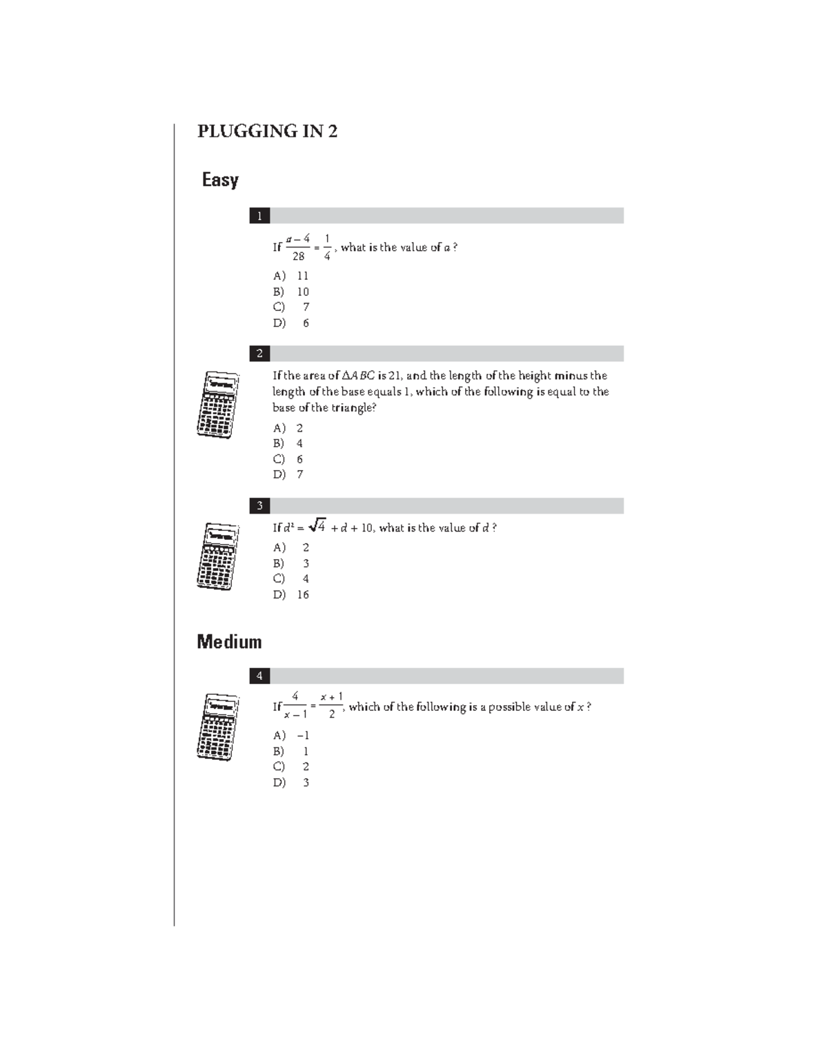 SAT math more plugin - PLUGGING IN 2 Easy 1 If a – 4 28 1 4 = , what is ...