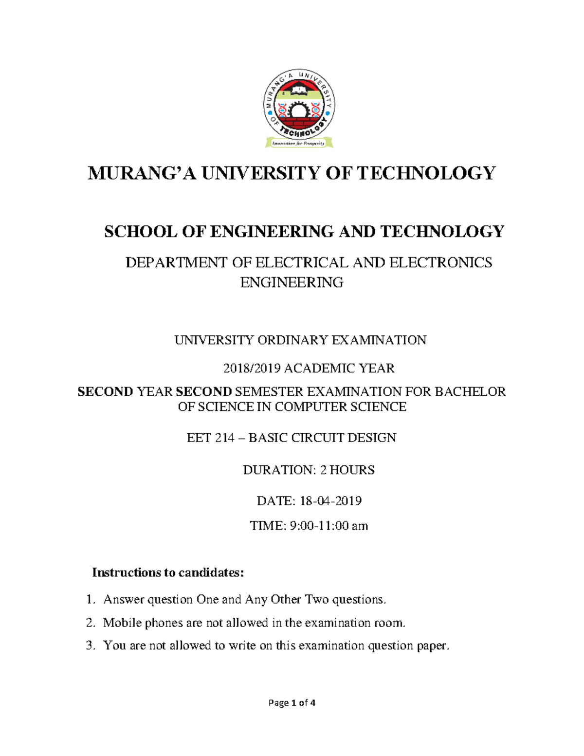 EET 214 Basic Circuit Design - MURANG’A UNIVERSITY OF TECHNOLOGY SCHOOL ...