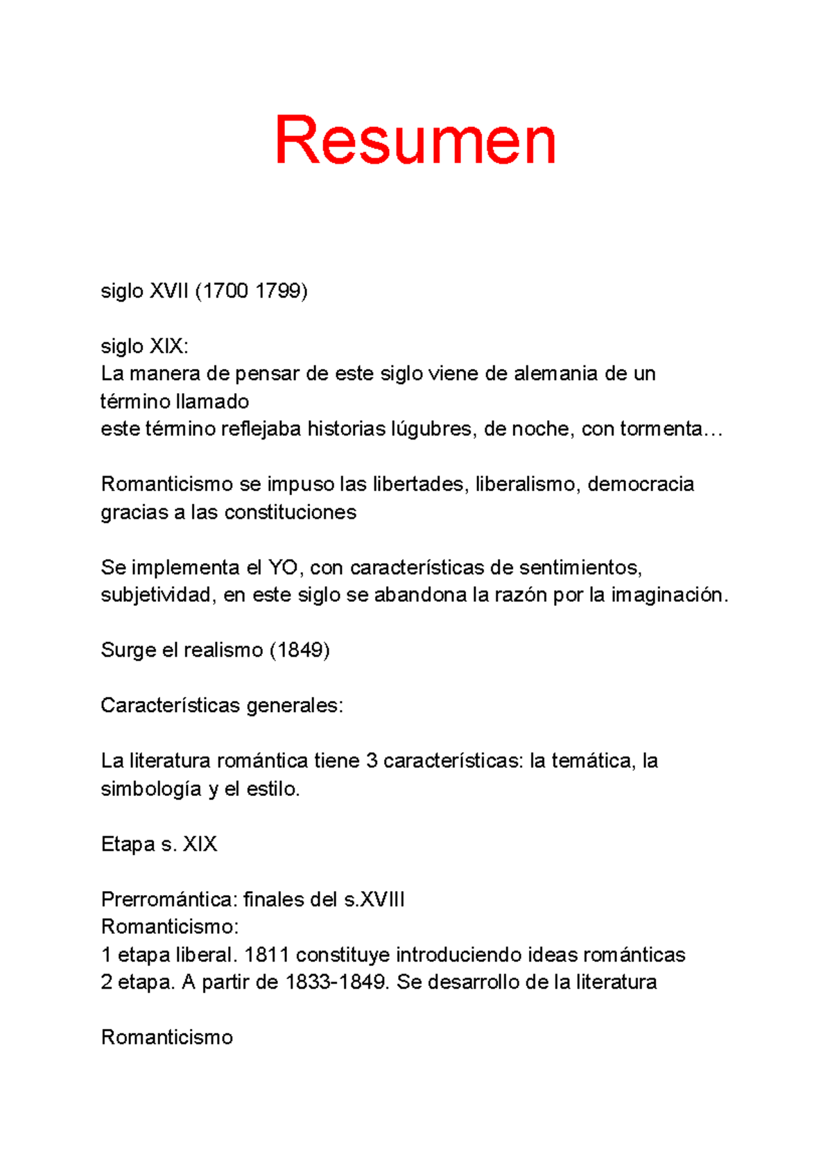 REsumen - njklñ - Resumen siglo XVII (1700 1799) siglo XIX: La manera ...