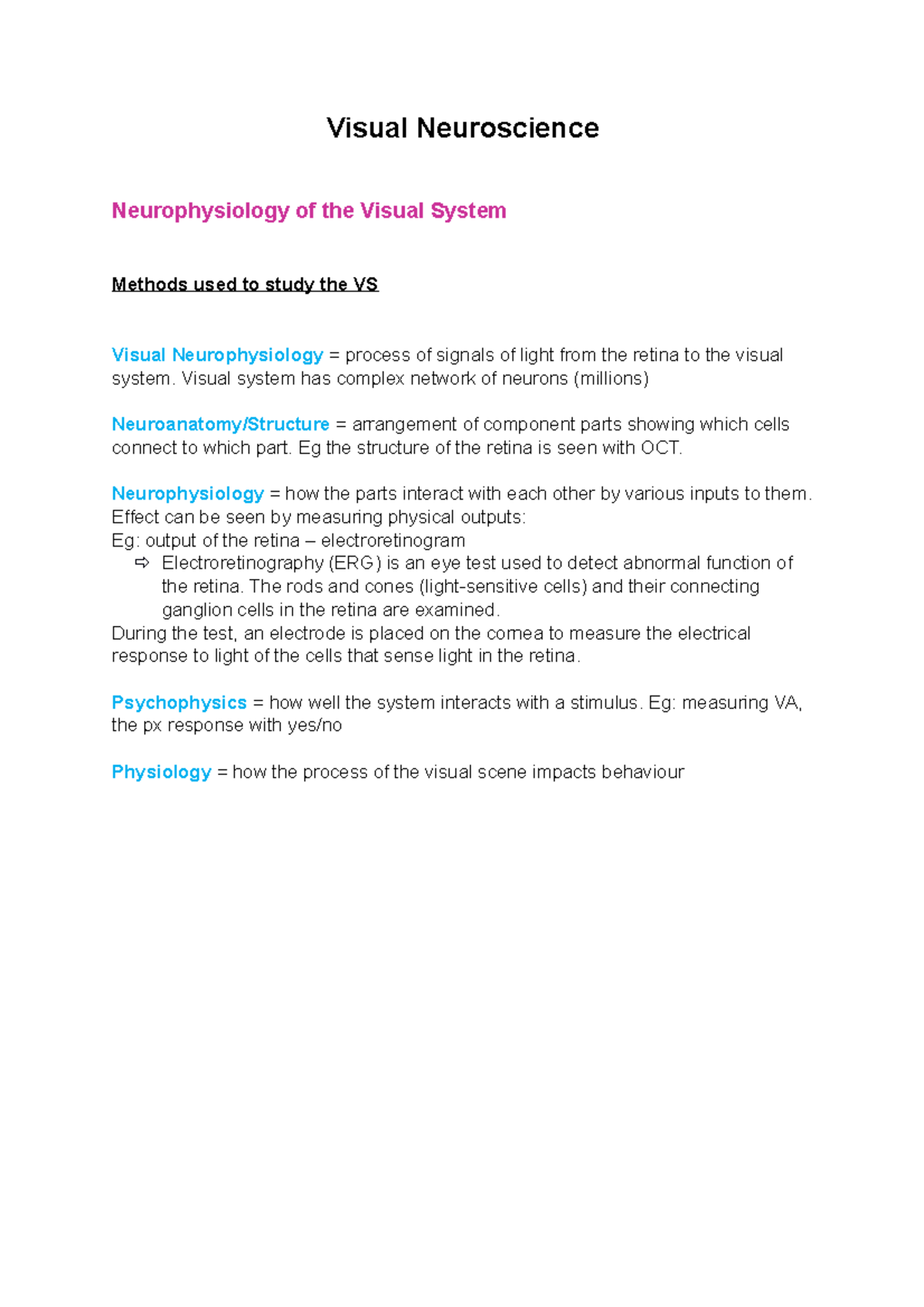 Visual Neuroscience notes - Visual Neuroscience Neurophysiology of the ...