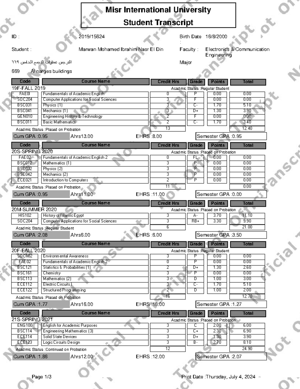 Student Transcript - ID : 2019/15624 Birth Date : 16/8/ Student ...