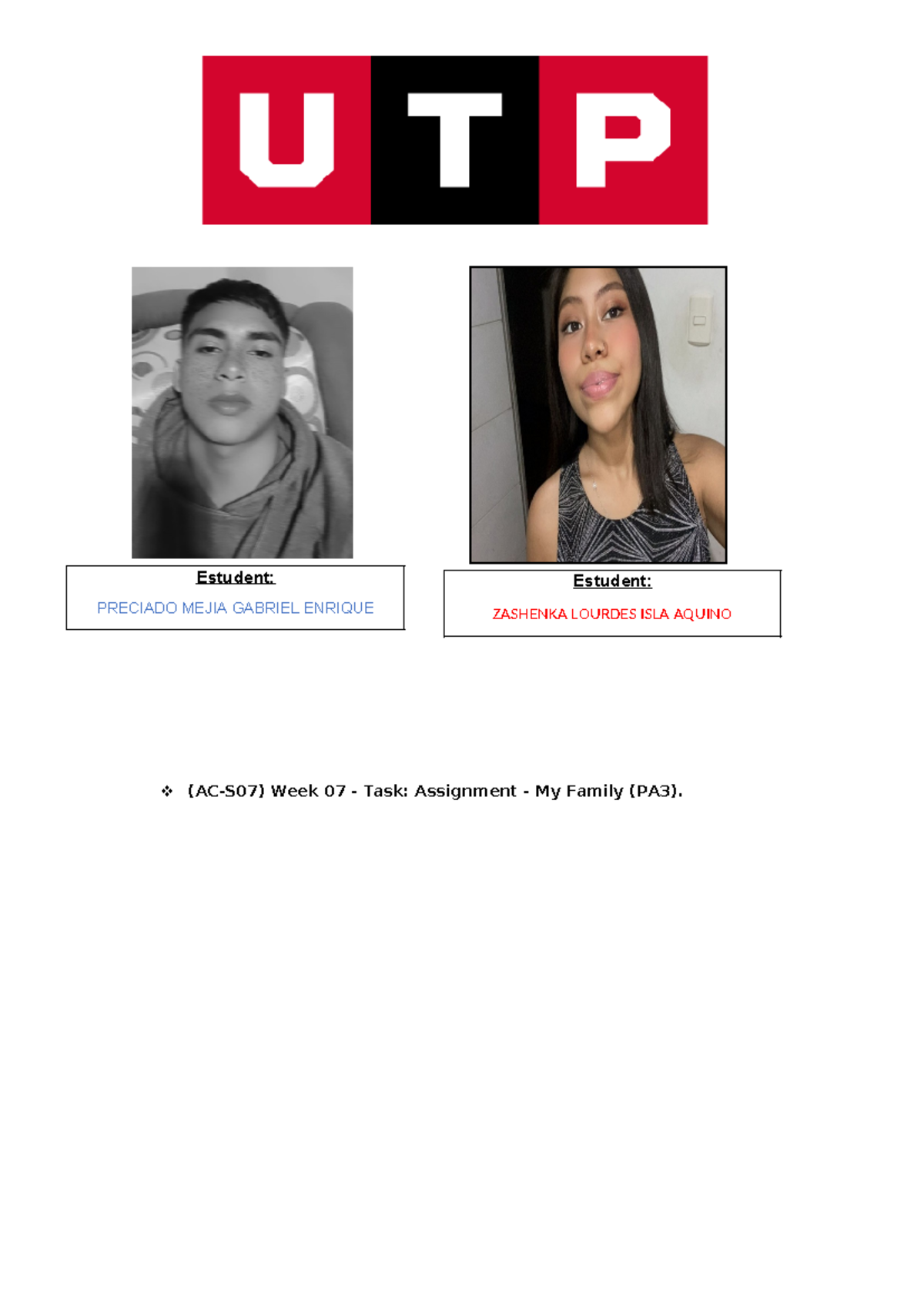 Week 7-UTP - WEEK 7 - Ingles II - (AC-S07) Week 07 - Task: Assignment - My Family (PA3 ...