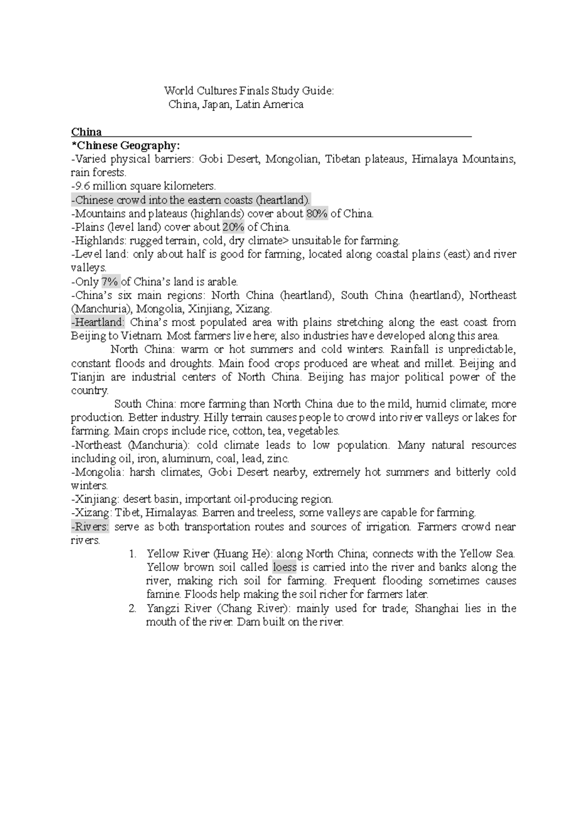 World Cultures Notes - World Cultures Finals Study Guide: China, Japan ...