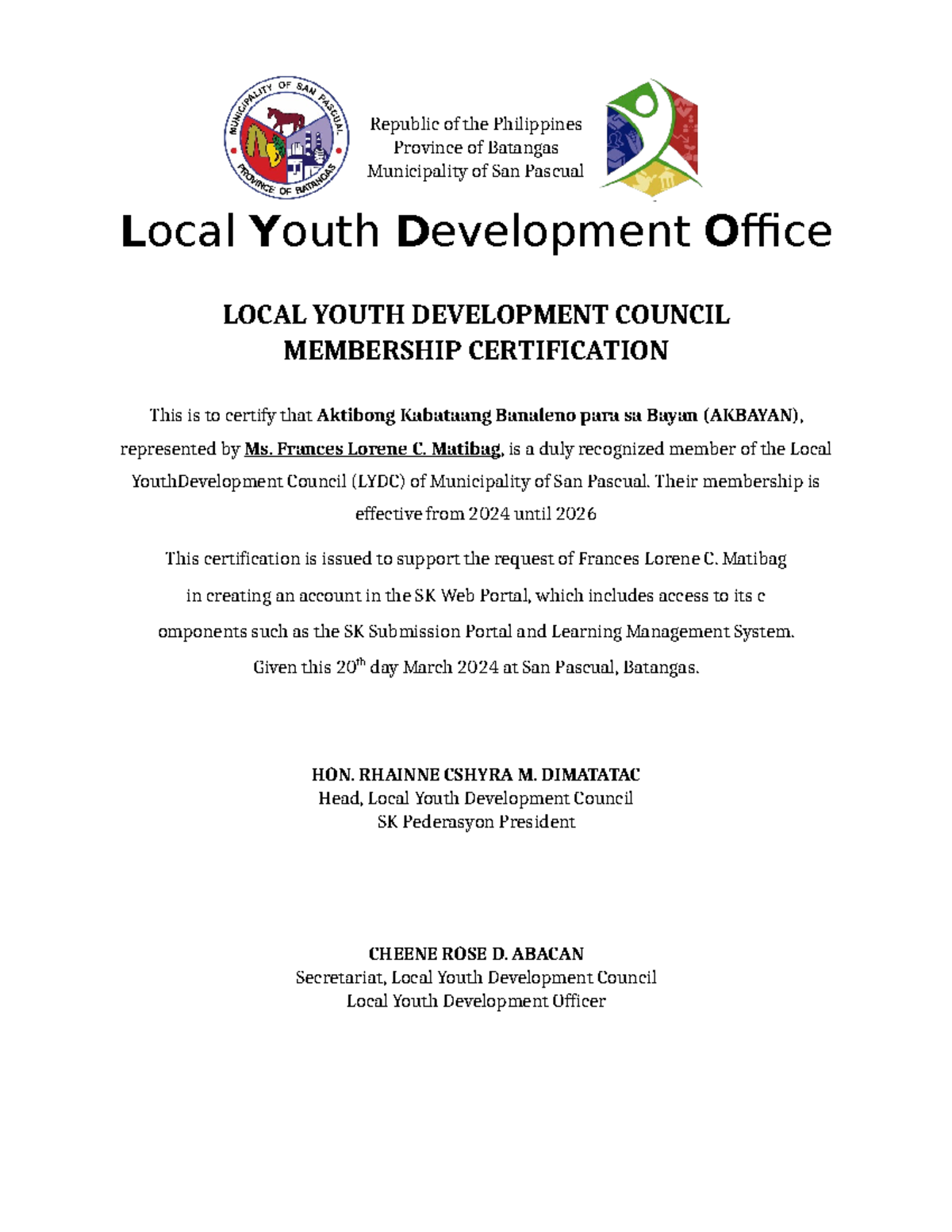 NYC lydo certification - Republic of the Philippines Province of ...