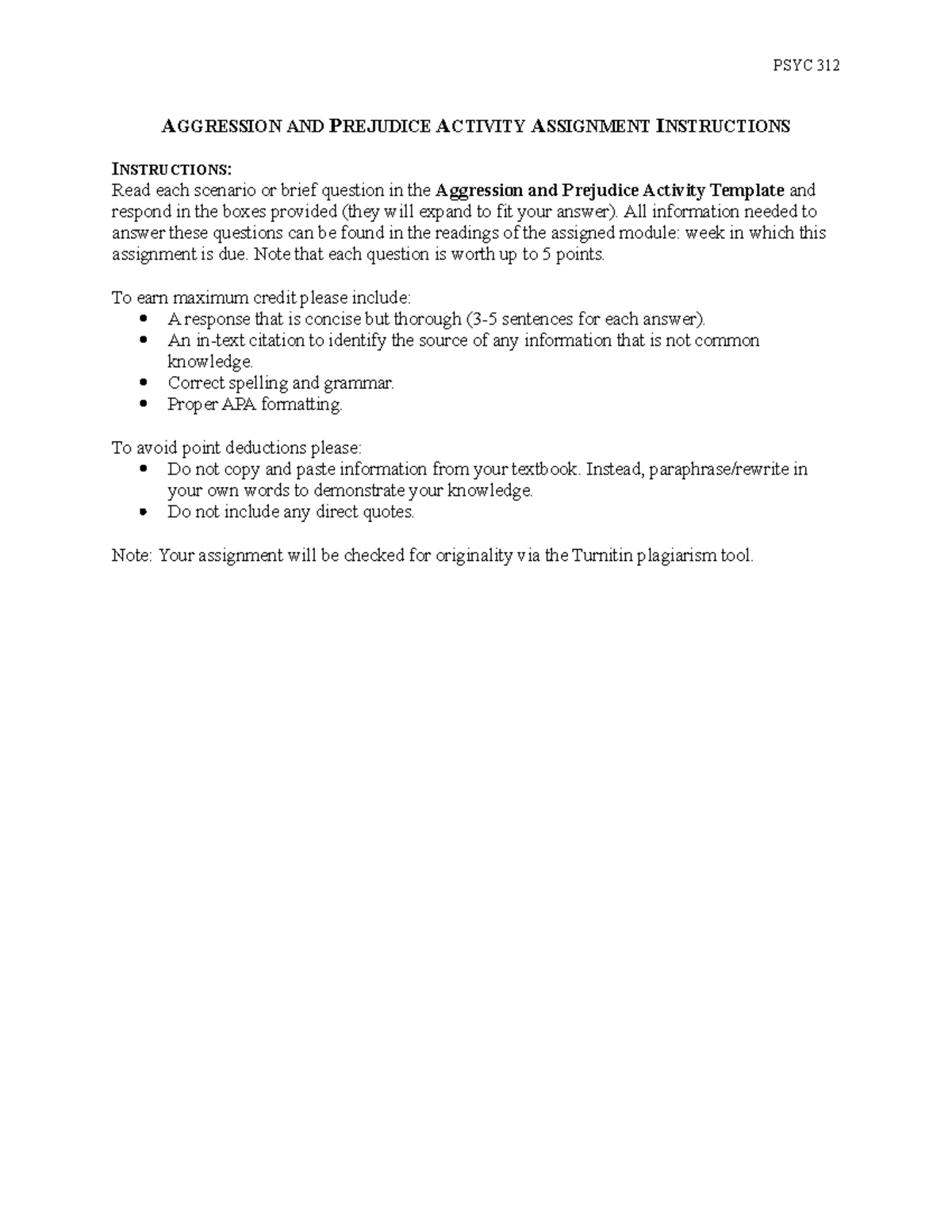 Aggression and Prejudice Activity Assignment Instructions - PSYC 312 ...