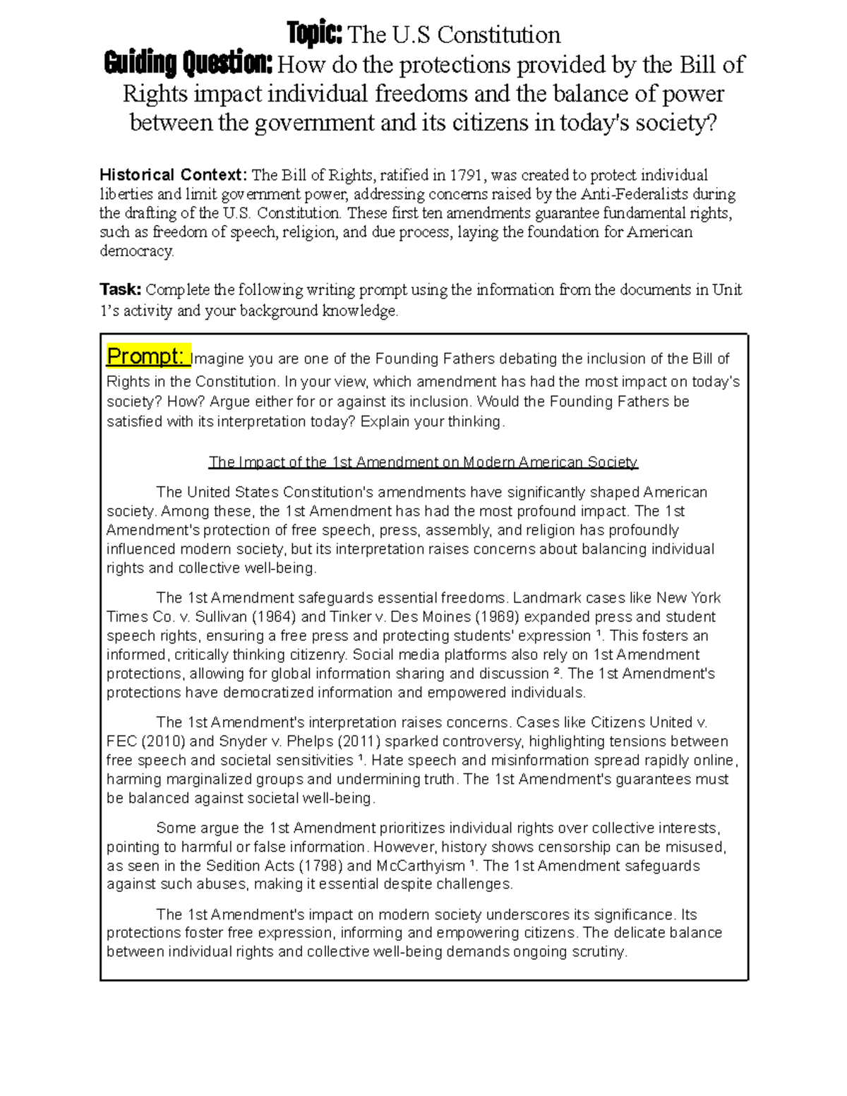 US Gov. Unit 1 Discussion - Topic: The U Constitution Guiding Question ...