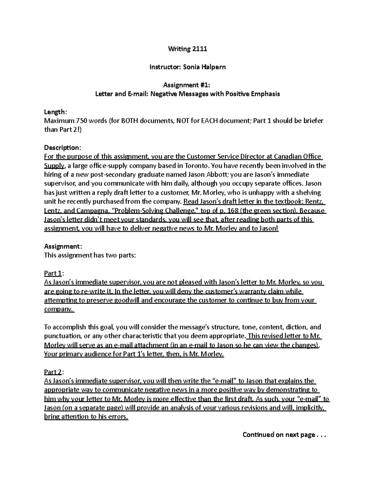 2111 Assignment 1 2022 - Writing 2111 Instructor: Sonia Halpern ...