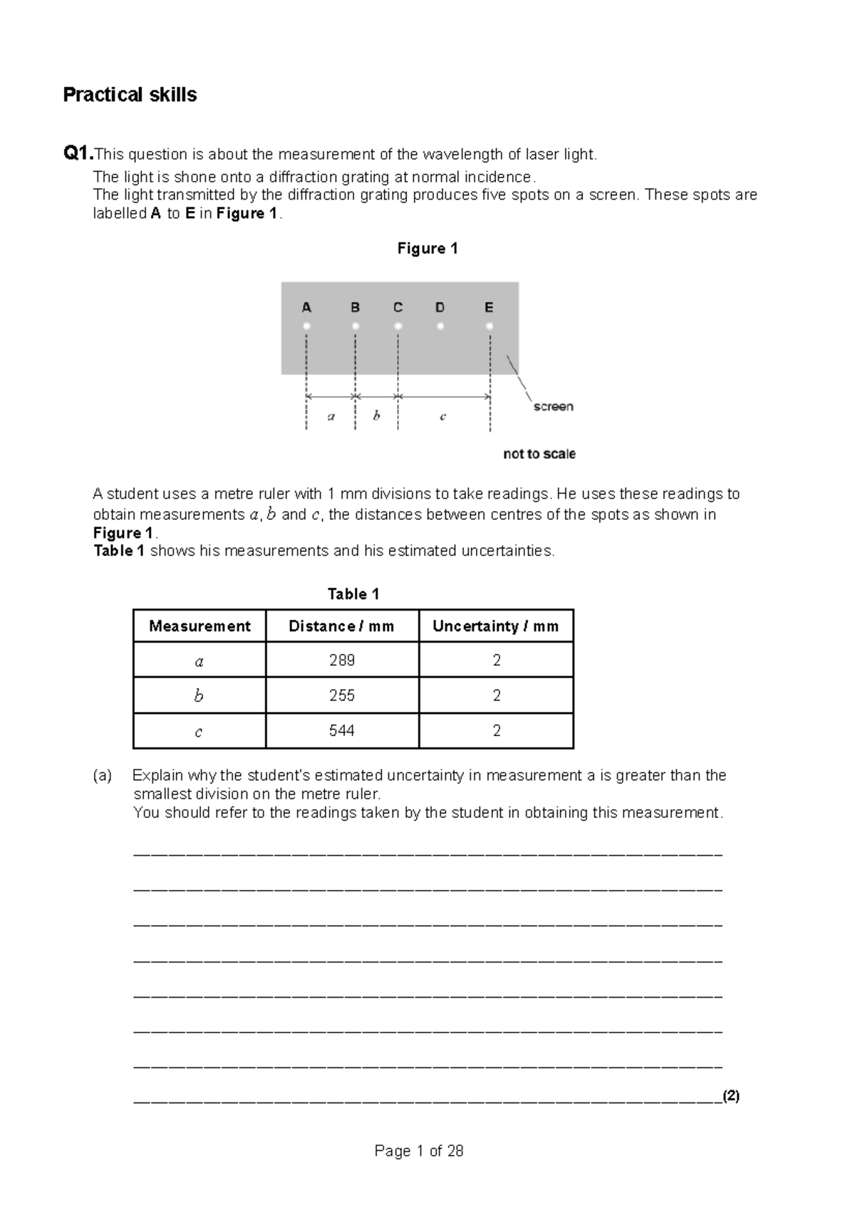 Practical skills - wad - Practical skills Q1 question is about the measurement of the wavelength ...
