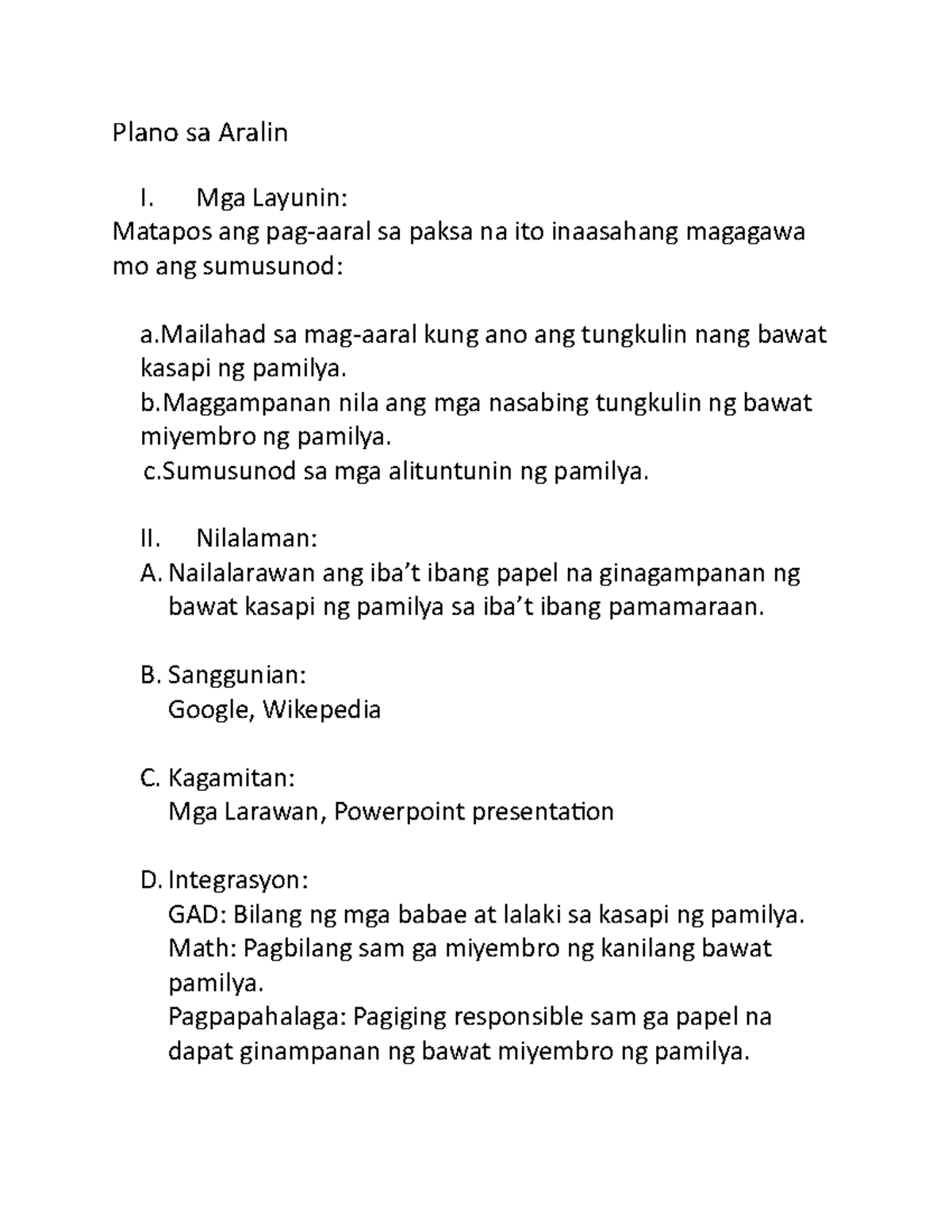 Document lesson plan example tagalog - Plano sa Aralin I. Mga Layunin ...