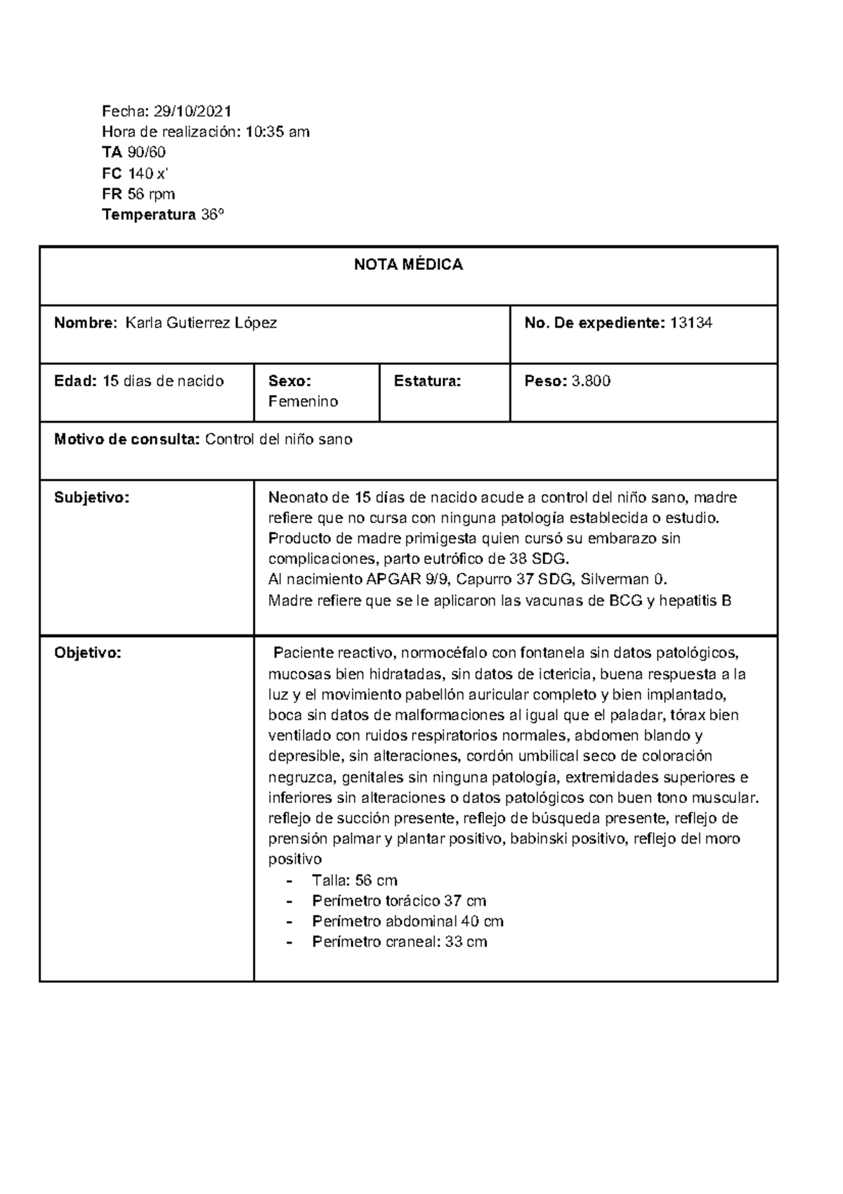 Nota médica px pediatrico - Fecha: 29/10/ Hora de realización: 10:35 am ...