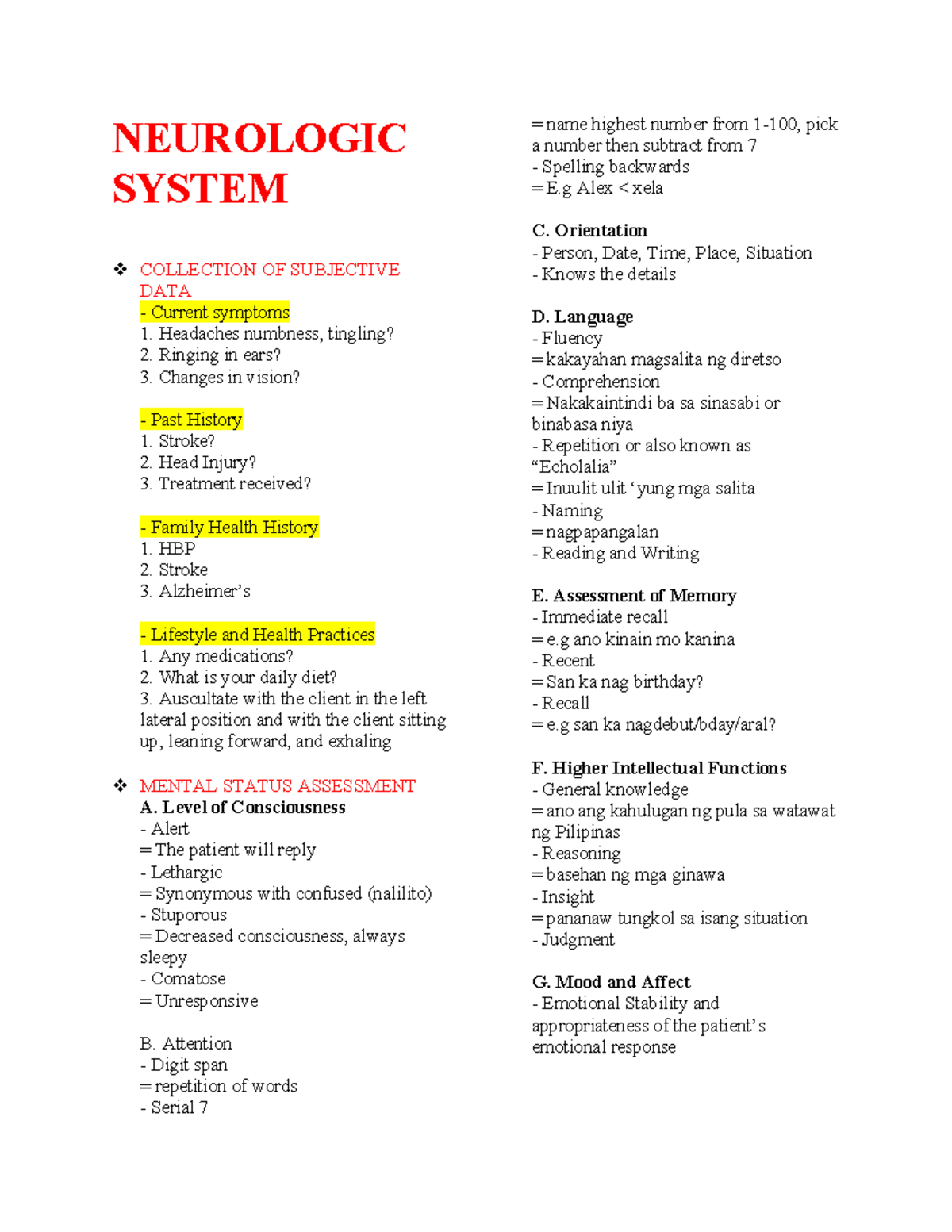 Neurologic System - reviewer - NEUROLOGIC SYSTEM COLLECTION OF SUBJECTIVE DATA - Current ...