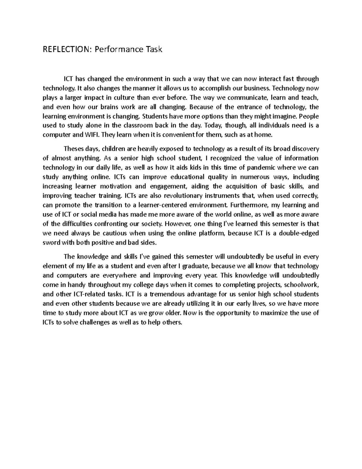 Reflection ictttt - notes in other subs - REFLECTION: Performance Task ...