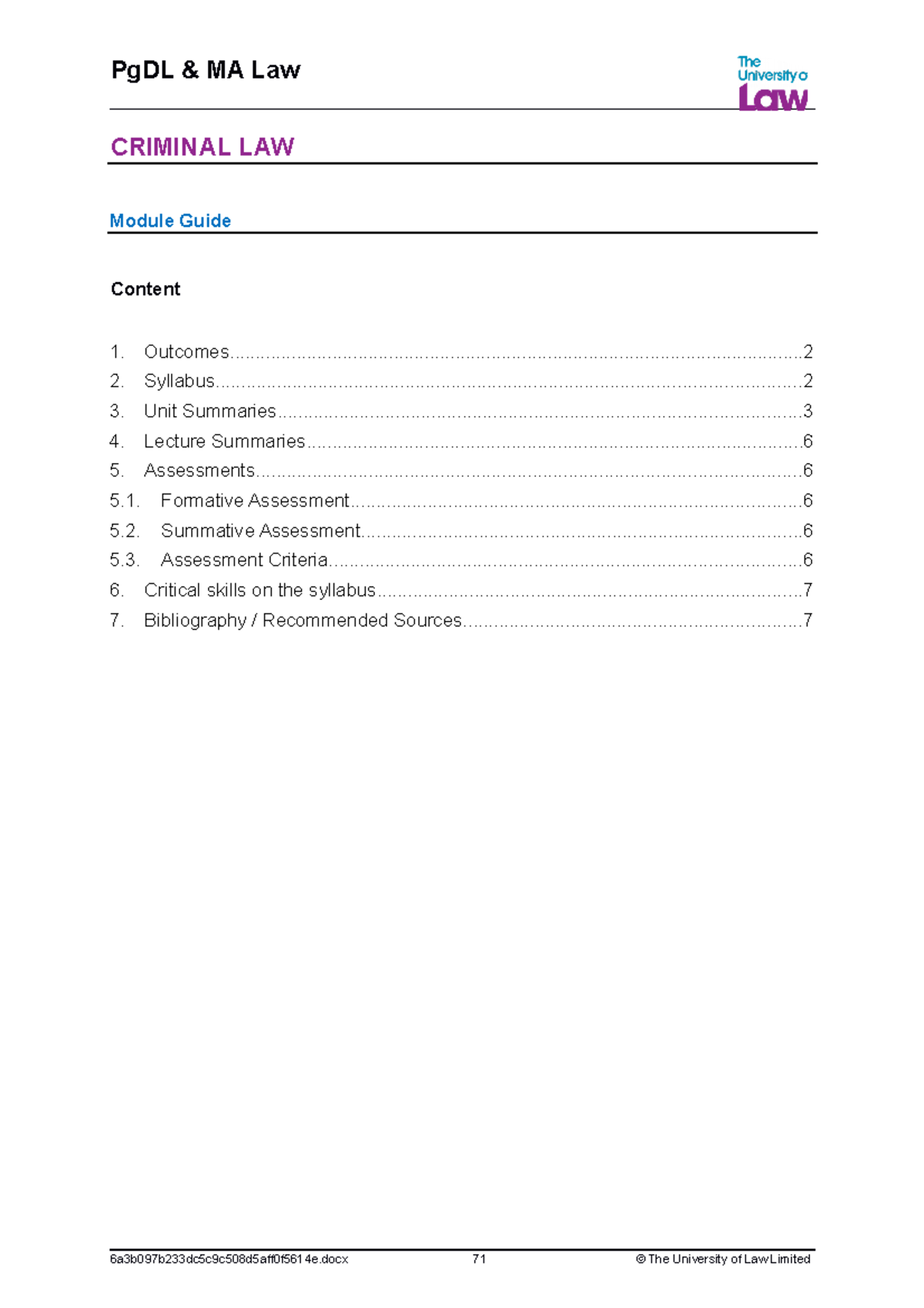 Criminal - Module Guide - PgDL & MA Law CRIMINAL LAW Module Guide Content 1. - Studocu