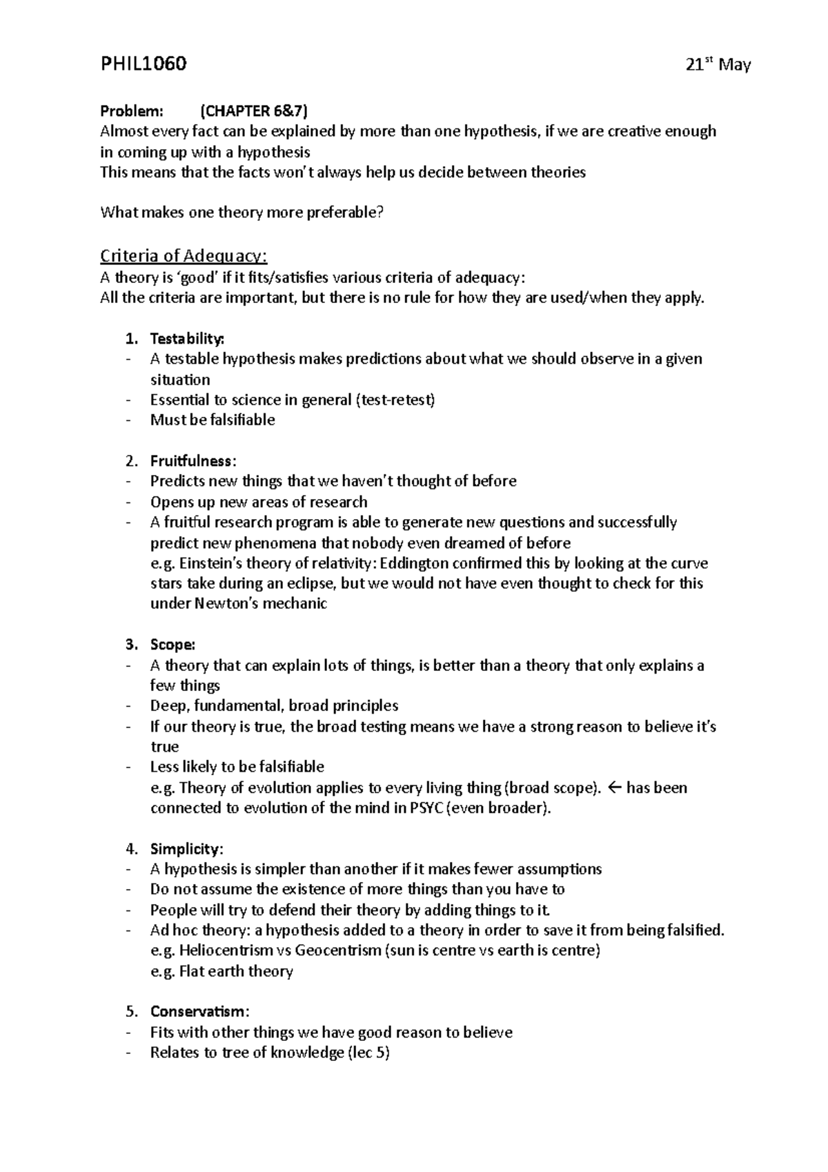 Criteria of Adequacy - lecture 10 - PHIL1060 21st May Problem: (CHAPTER ...