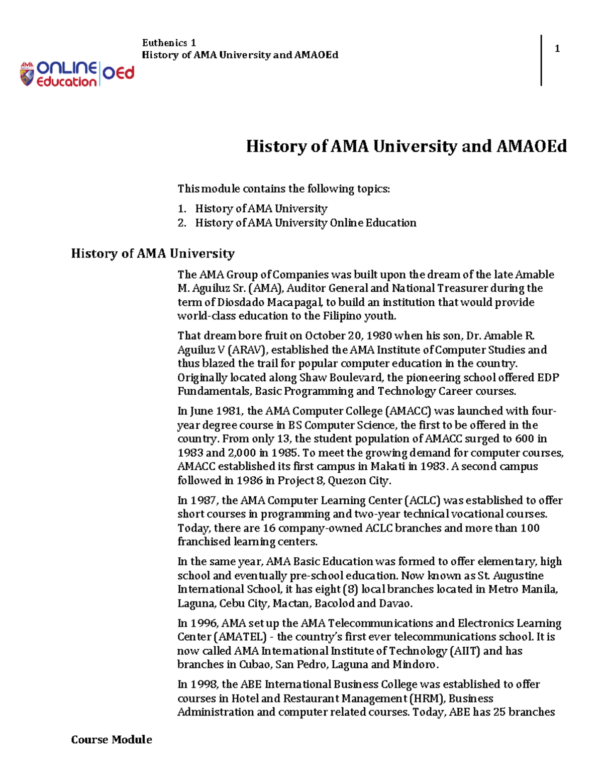 Week 1 - Lesson 1 - History - Euthenics 1 History of AMA University and ...